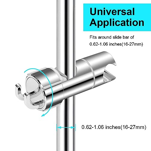OSDUE Shower Head Holder, 16-27mm Slider Bar Adjustable Shower Head Holder for Slide Bar Slider Clamp Bathroom Replacement, 360 Degree Rotating Sprayer Holder with 2 Hooks, Chrome Finish - Silver