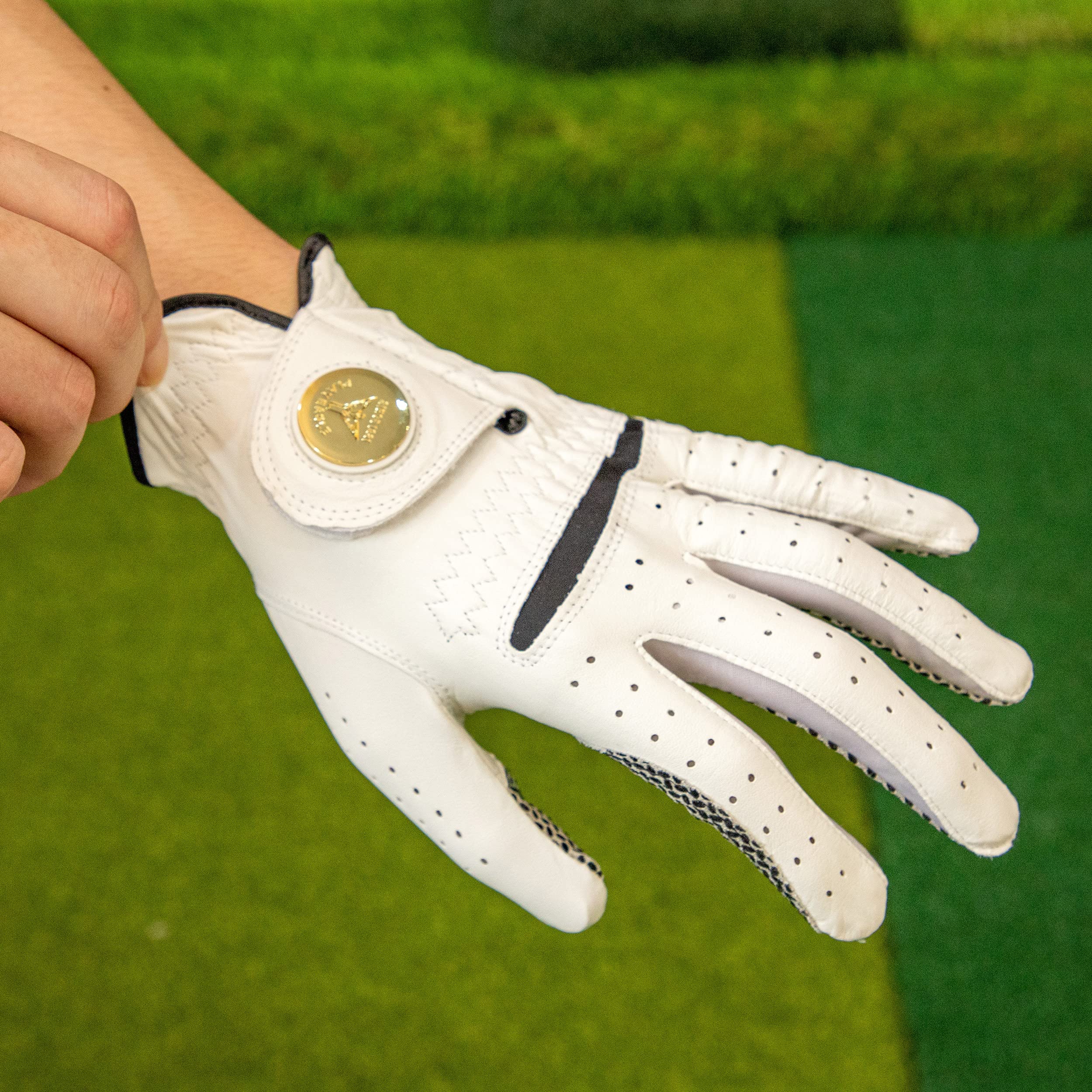 PLAYEAGLE Golf Glove Men Left Hand Stable Grip Golf Gloves Patented Natural Fit Technology Made of Long Lasting Durable Genuine Cabretta Leather (Golden Logo, X-Large)