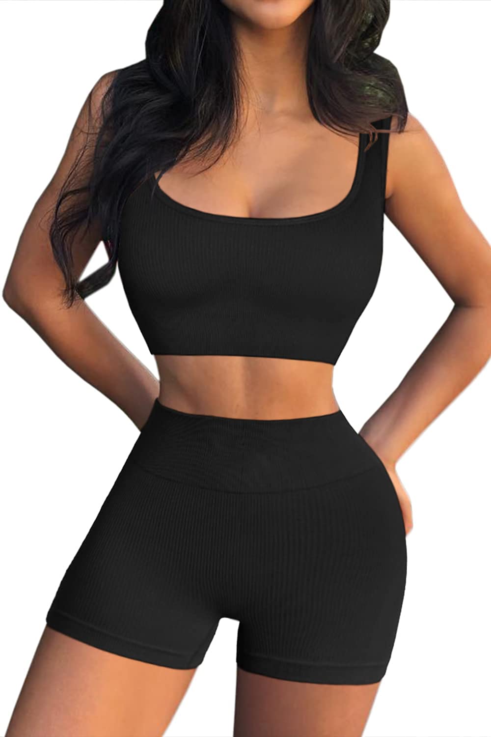 QINSEN Ribbed Booty Shorts for Women High Waist,Seamless Workout Bra 2 Piece Outfits Set Black M