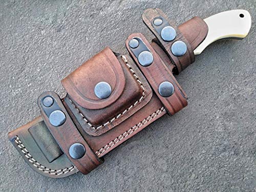 Ottoza Tracker Knife & Bone Handle - Damascus Hunting Knife - Horizontal Carry Knife Sheath 115