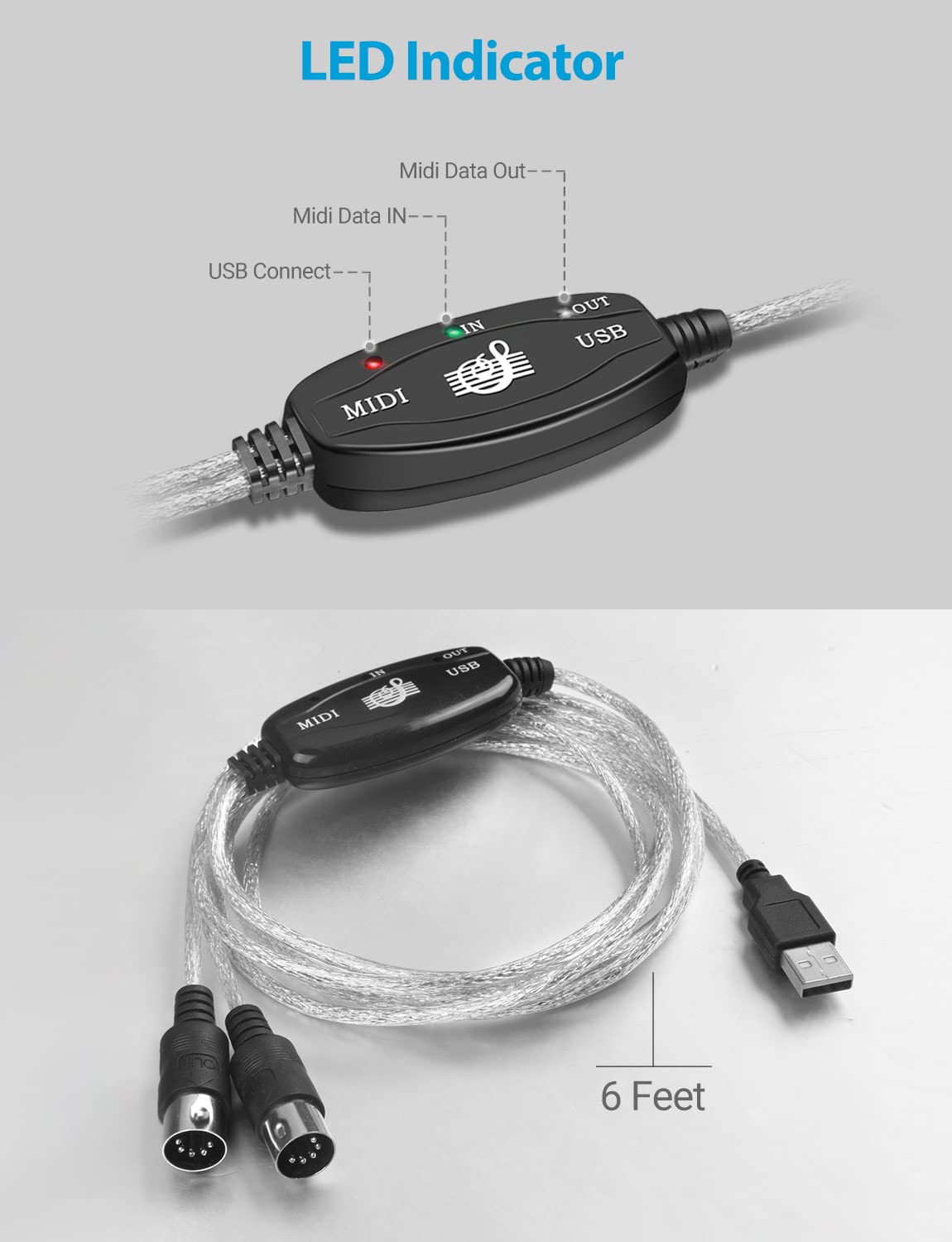 URWOOW MIDI USB Adapter Converter Cable with Input&Output Connecting(6 feet