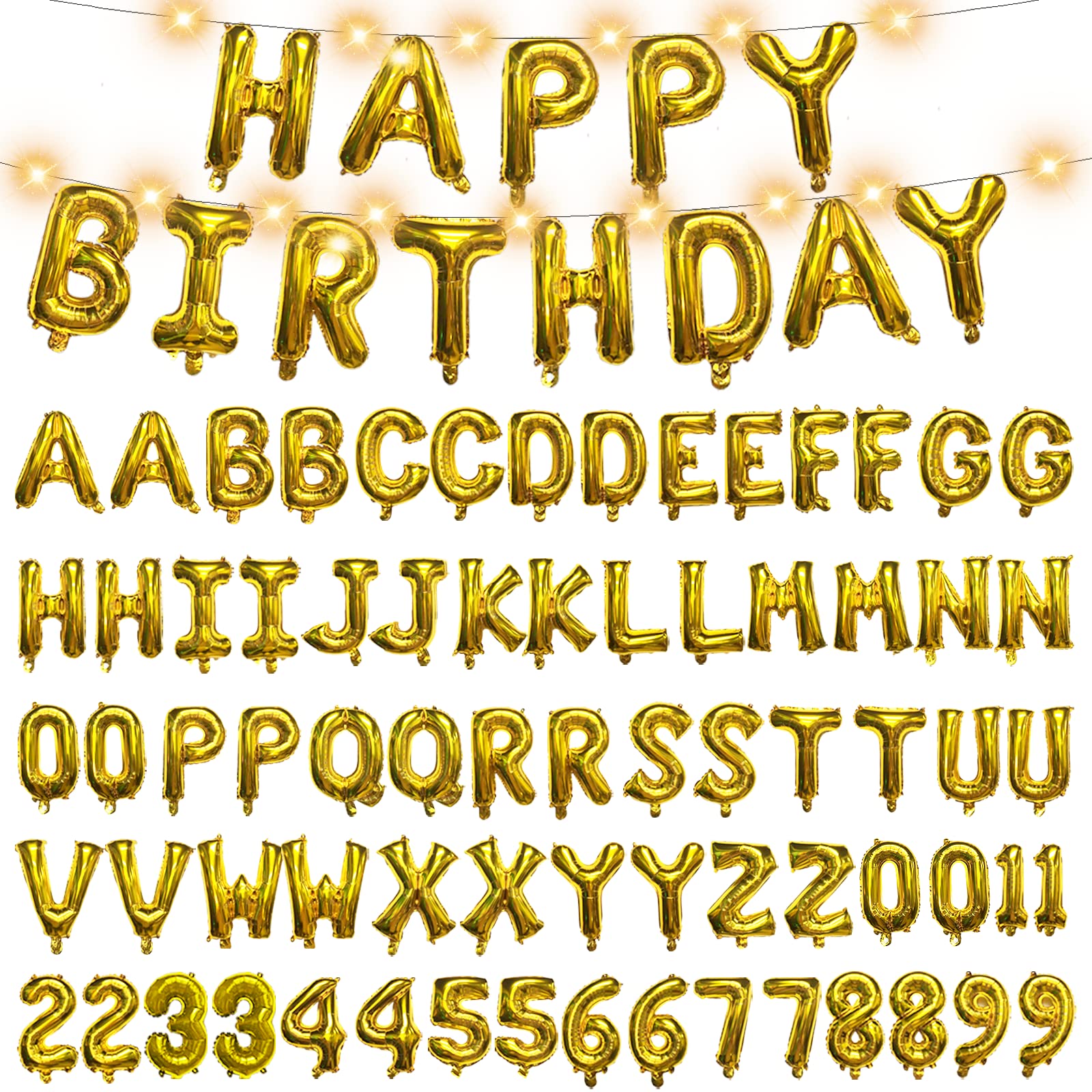 Personalized Name Happy Birthday Balloons Letters Kit, DIY Custom Name Birthday Banner, 2 Sets A- Z & 0-9 16'' Letters and Numbers with 2 LED Light for Birthday Party Decorations Gold
