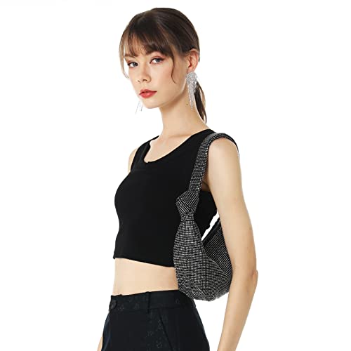 Rumdin Rhinestone Purse Top Handle Mesh Bag Hobo Bag for Women black Clutch Purses for Women Wedding Working Party