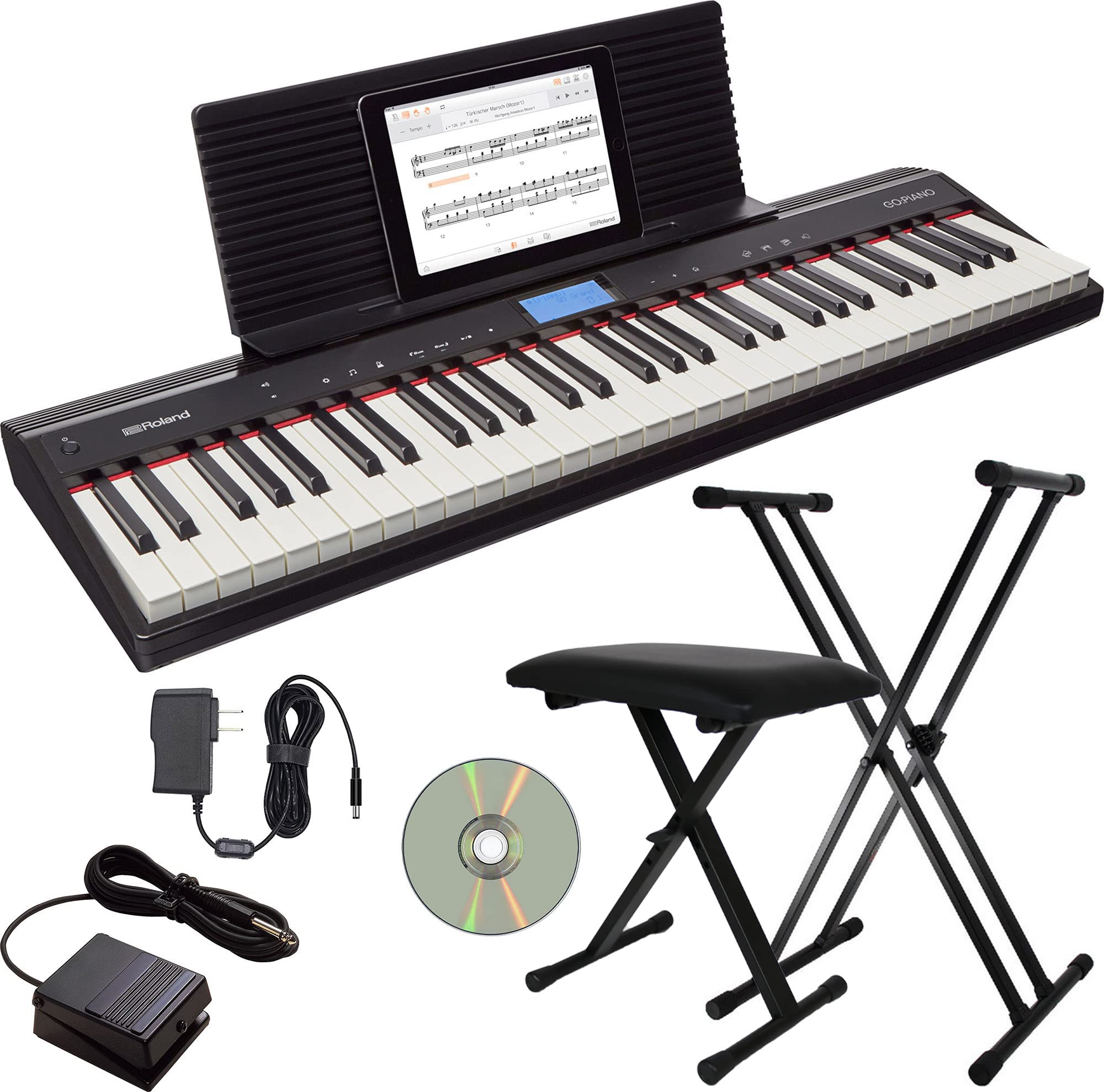 Roland GO:PIANO 61-Key Digital Piano Bundle with Roland DP-2 Pedal, Power Supply, Adjustable Stand, Bench, Instructional Book, Online Piano Lessons, and Austin Bazaar Instructional DVD