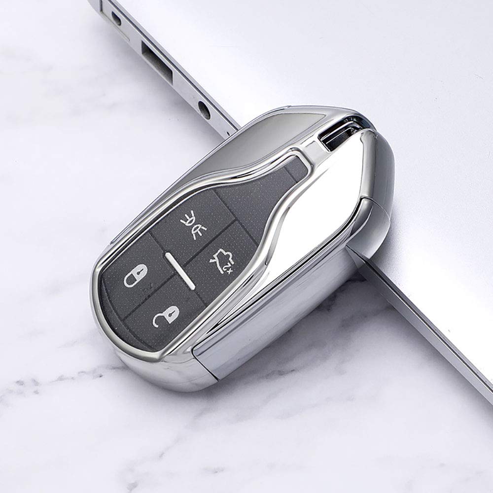 ontto for Maserati Levante GT Quattroporte Ghibli Key Fob Cover Full Protection Soft TPU Keycase Shell Holder with Keychain Keyring Smart Remote Entry Skin Keyless Silver