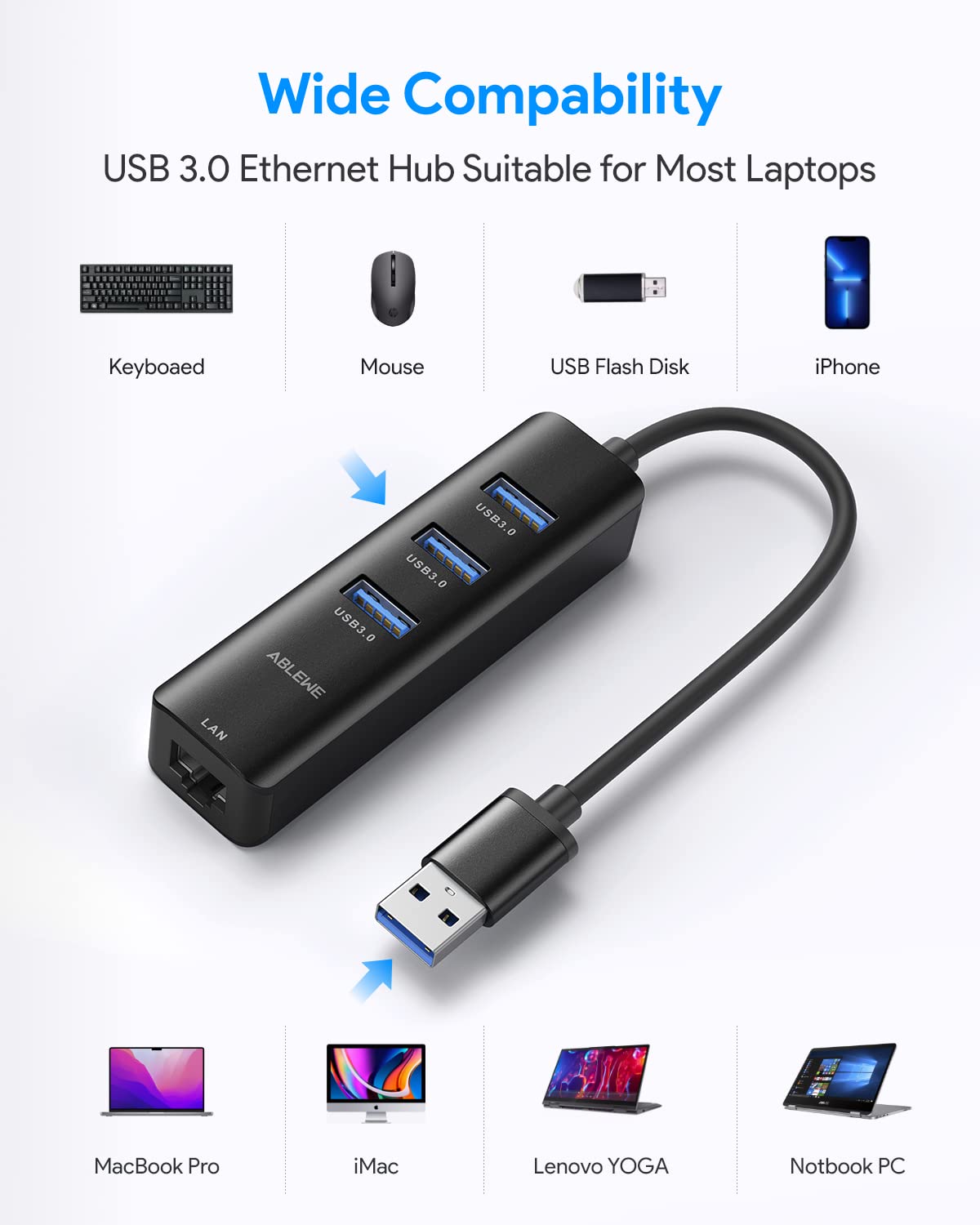USB to Ethernet Adapter, ABLEWE 3 Ports USB 3.0 Hub with RJ45 1Gbps Gigabit Ethernet Adapter, for MacBook Air 2017, iMac, XPS, Surface Pro, Linux, Chromebook, Notebook and More - Black