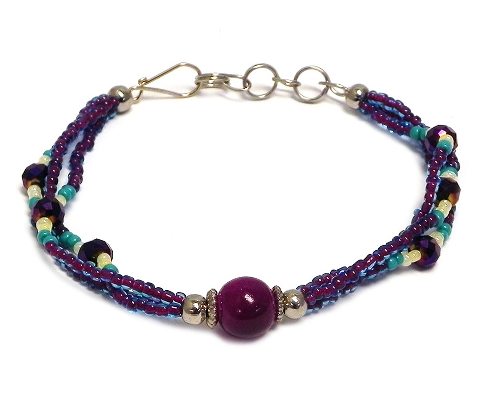 Mia Jewel Shop Tumbled Healing Round Gemstone Ball Crystal Seed Beaded Multi Strand Bracelet - Womens Fashion Handmade Jewelry Boho Accessories (Dark-Purple-Agate/Turquoise/Off-White)