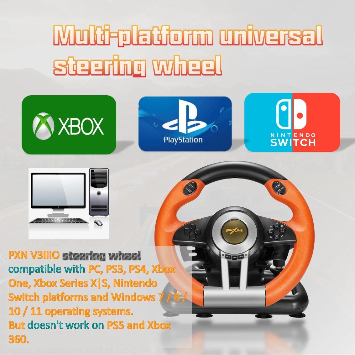 PXN V3II PC Racing Wheel, 180 Degree Universal Usb Car Sim Race Steering Wheel with Pedals and Shift Paddle Compatible with PS3, PS4, Xbox One,Xbox Series X/S,PC,Switch Orange (Christmas Gift Box)