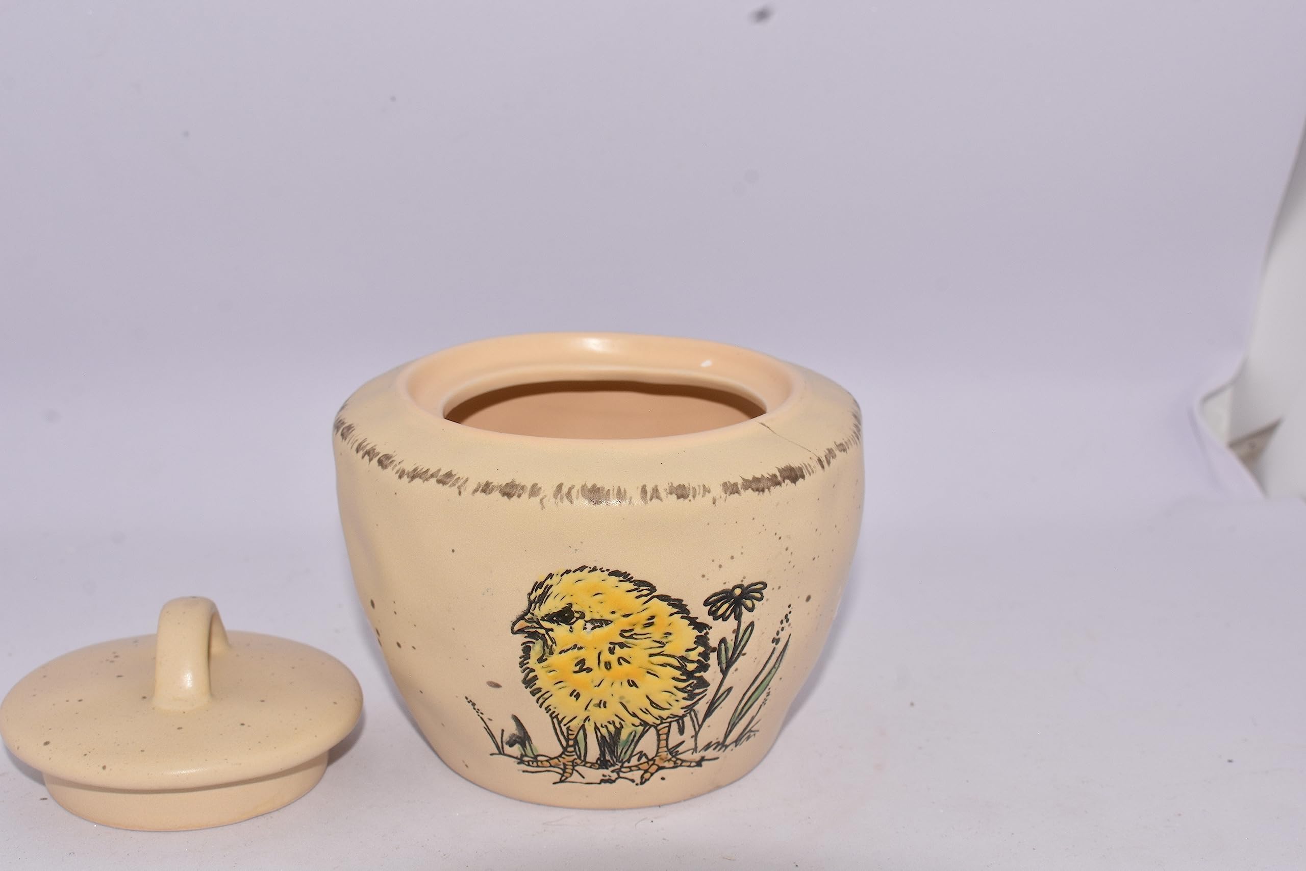 New Yellow Baby Chick with Flower On Tan Speckled Color Stoneware Sugar Bowl Jar Holder with Lid