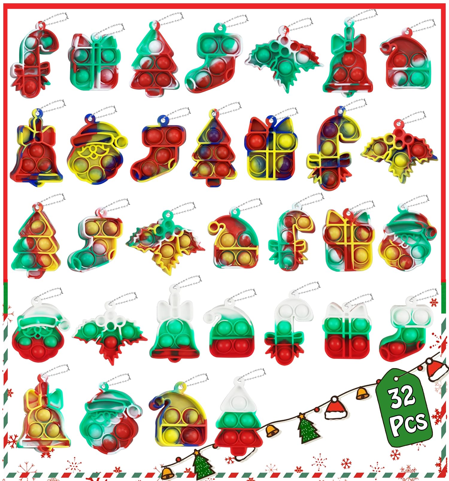 MEZHOBBY 32Pcs Christmas Mini Pop Keychain, Fidget Toys Bulk for Party Favors Supplies, Goodies Bag Stuffers Bulk, Xmas Gift for Kids, Boys, Girls