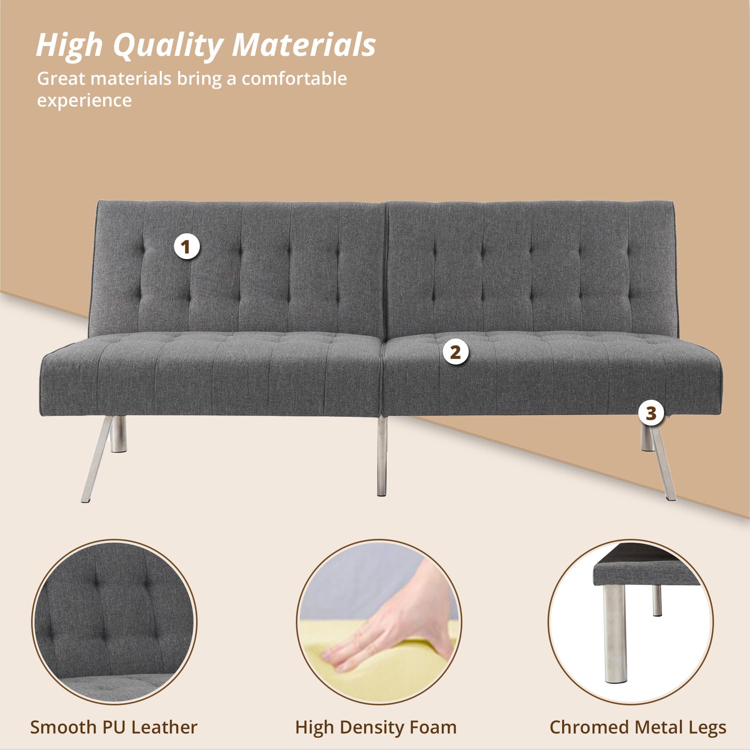 Naomi Home Tufted Futon Sofa Bed Pull Out Sofa Bed Couch Convertible with Wooden Legs, Folding, Reclining Small Couch Bed, Futon Bed for Living Room (Gray, Tufted Split Back/Linen)