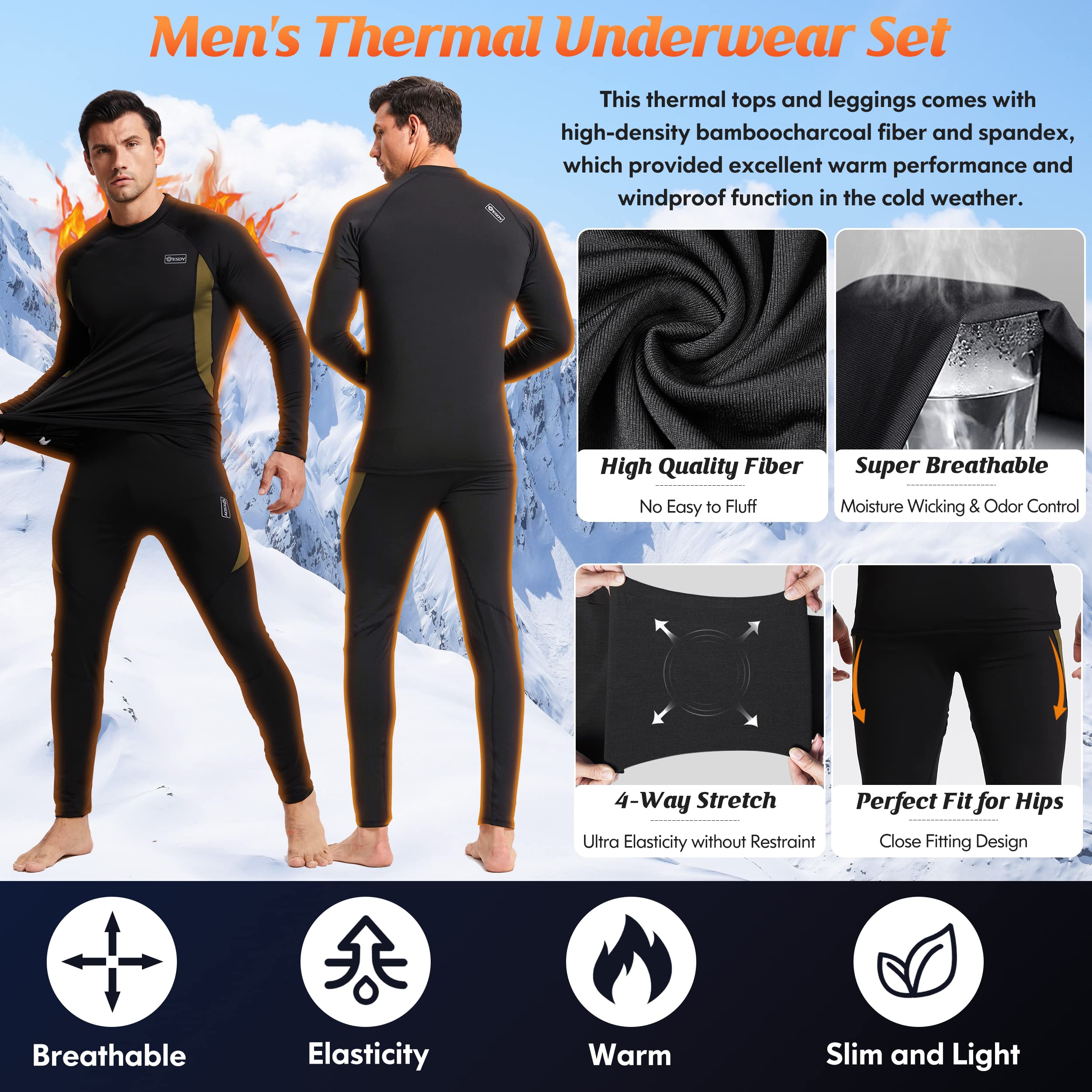 romision Thermal Underwear for Men 2 Pack Sets, Soft Long Johns Warm Base Layer Top and Bottom with Fleece Lined for Cold Winter