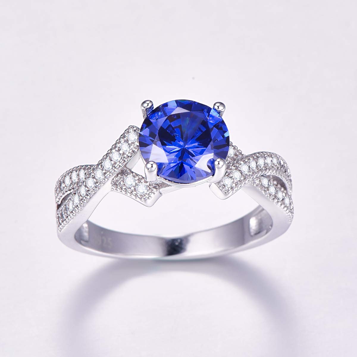 Momius 925 Sterling Silver 4-Prong Created Sapphire Quartz Brilliant Round Cut CZ Split Shank Twist Wedding Band Engagement Ring for Women Size 8