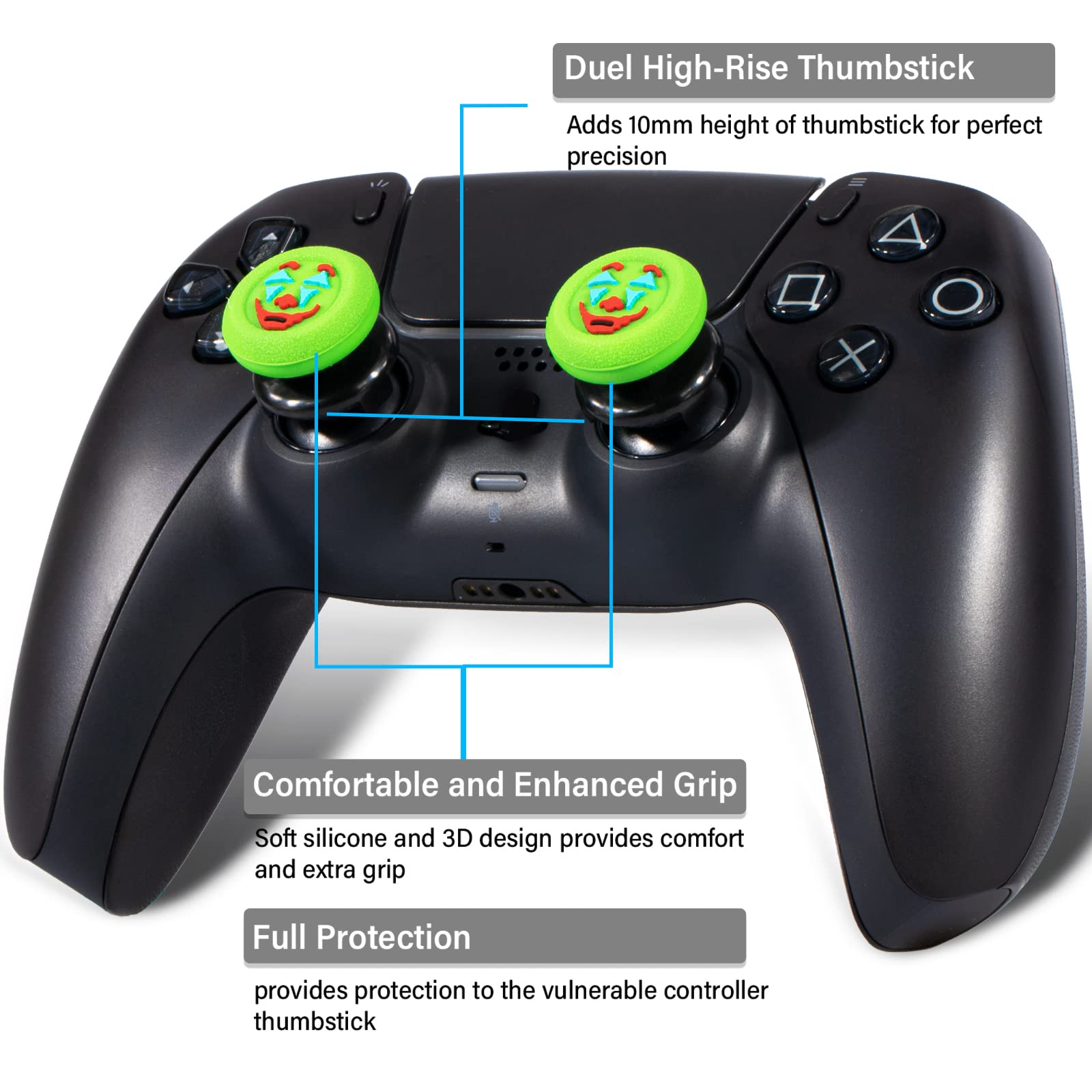 Playrealm FPS Thumbstick Extender & Texture Rubber Silicone Grip Cover 2 Sets for PS5 & PS4 Controller (Joker Green)