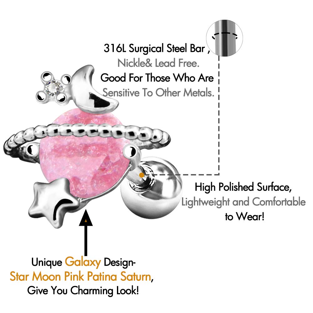 OUFER 16G 316L Surgical Steel Cartilage Earring Studs Star Moon Pink Stone Saturn Planet Tragus Earrings Helix Ear Piercing