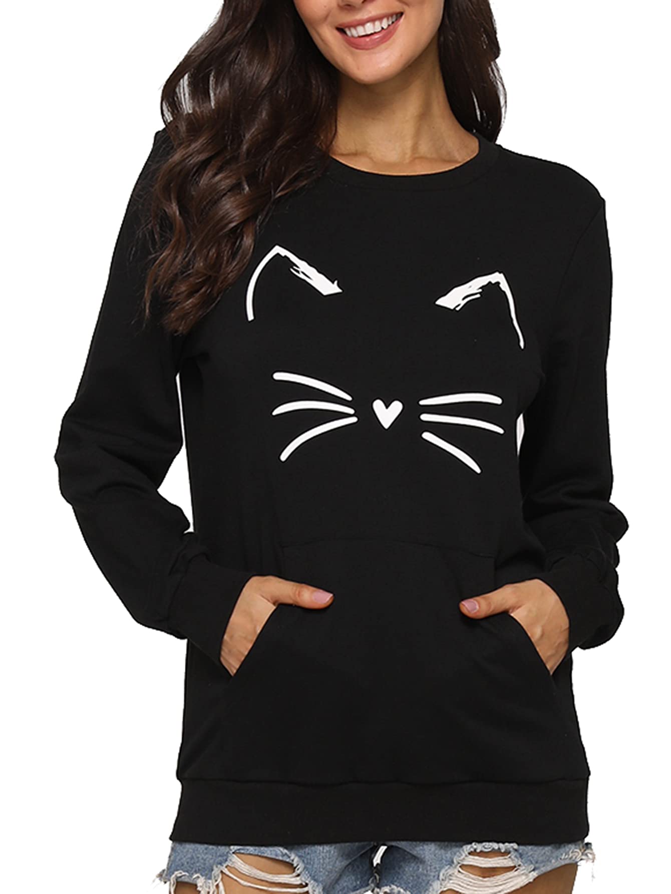 Romwe Women's Cat Print Lightweight Sweatshirt Long Sleeve Casual Pullover Shirt Black Pocket XXL