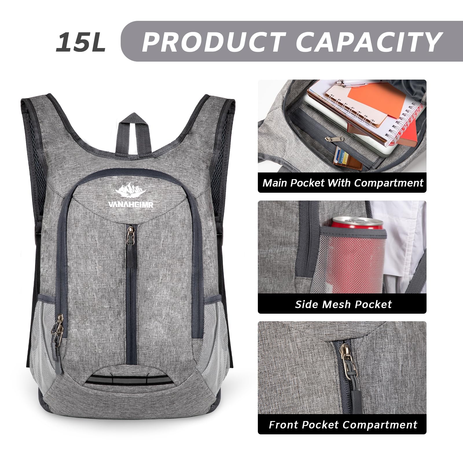Prpeko Hiking Backpack Small Lightweight Hiking Daypack 15L for Men Women, Waterproof Outdoor Sport Travel Foldable Day Pack for Camping Climbing Skiing (Light Grey)