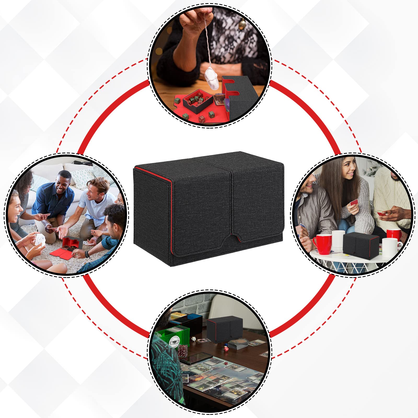 Silkfly Deck Card Boxes Double Sleeved Compatible with MTG TCG CCG Decks Flip Storage Card Deck Carrying Case with Dice Tray Deck Holder for over 200 Trading Cards(Black Red)