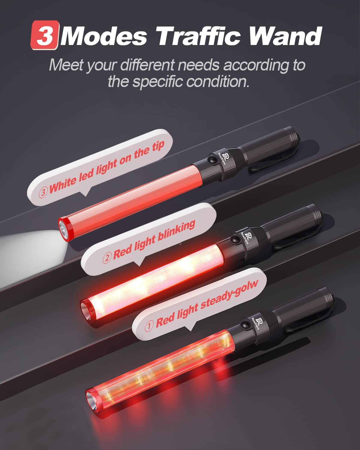 RoadHero 2 Pack Traffic Wand, 16 Inch Led Traffic Control Wands with 3 Flashing Modes, Air Marshaling Signal Wand Plus White LED on Tip for Airport, Parking, Car Directing