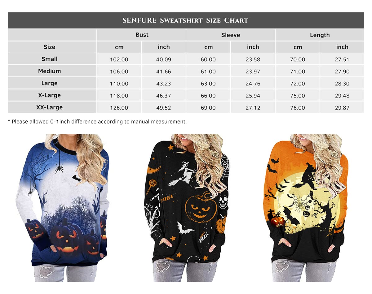 SENFURE Halloween Shirt for Women Long Sleeve Cartoon Print Casual Loose Fit Sweater Top, Orange, Medium