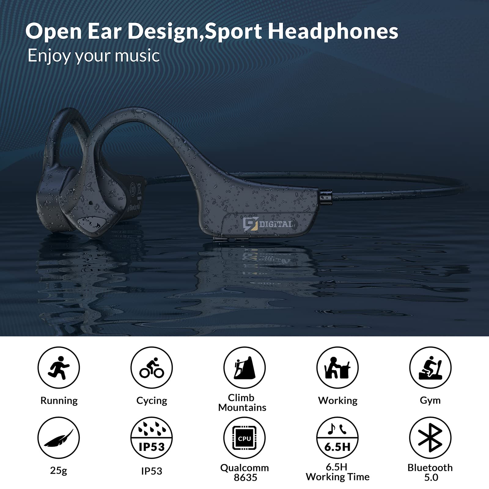 Znfrt Bone Conduction Bluetooth Headphones with Mic,Wireless Open Ear Headphones,Waterproof Sport Earphones,Sweatproof Headset for Running,Cycling,Hiking,Gym,Climbing & Driving
