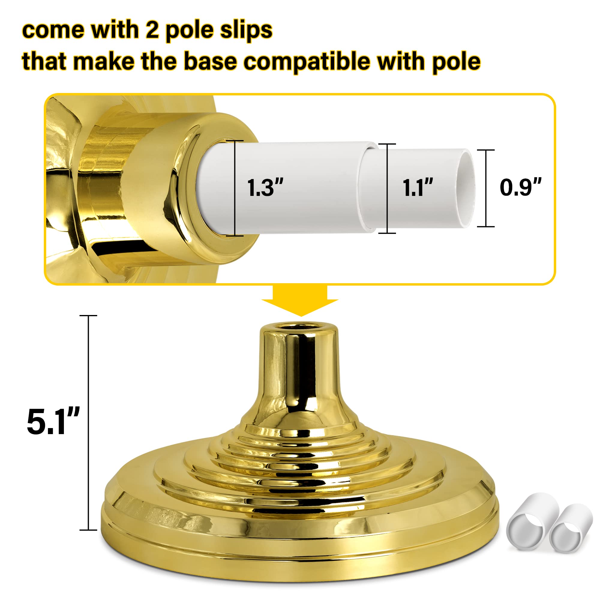 This Base Stand for Indoor Flagpole, Gold Interior Flag Holder Stands for Pole Compatible with 1.3 Inch,1.1 and 0.9 Inch Diameter Flag Pole Prefect for Classroom, Churches, Meeting, Outdoor, Party