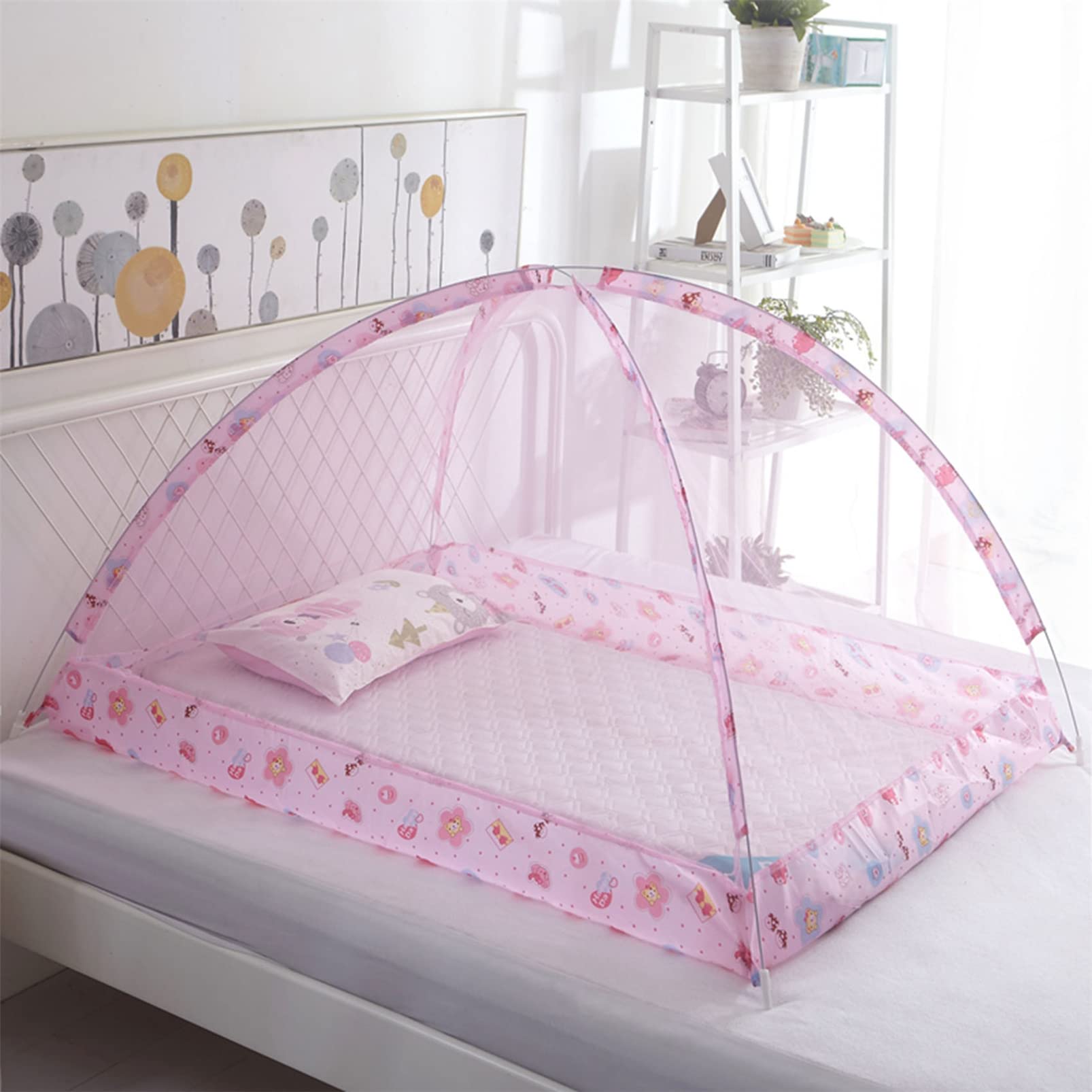 ZOBRO Mosquito Net Bed Canopy Pop Up Foldable Single Door with Bracket Umbrella Cover and Cartoon Pattern Bottomless Mosquito Net for Baby Kid Children,Pink