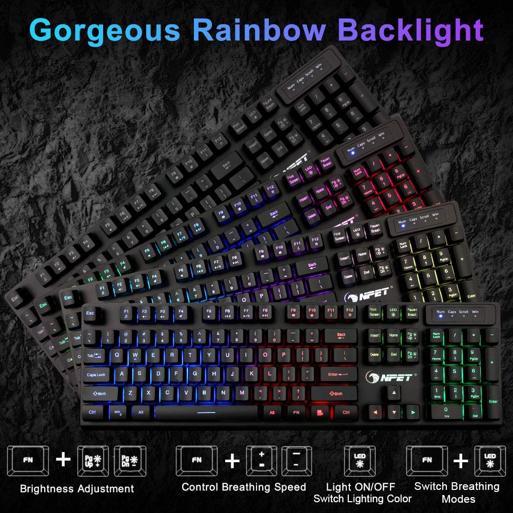 NPET Gaming Keyboard and Headset Bundle, Ultra-Slim Rainbow LED Backlit Keyboard, Stereo Gaming Headset for PS4, PC, Xbox One Controller