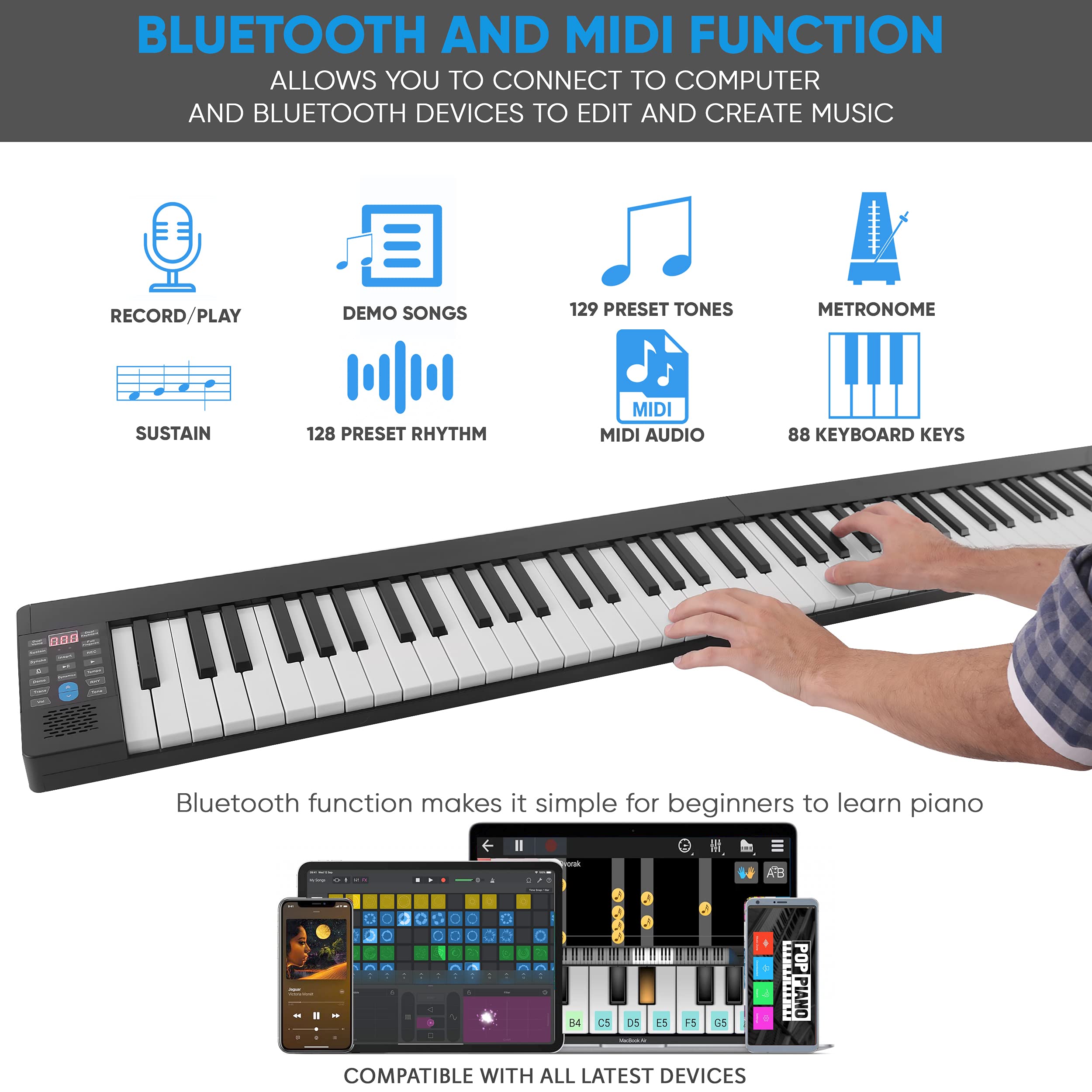 Pyle Electric Keyboard Piano 88 Keys - Portable Foldable Digital Piano Keyboard With Bluetooth, 128 Rhythms/Tones,Semi weighted keys, Sustain Pedal, Piano Bag - for Beginners, Kids,Adult -PKBRD8100