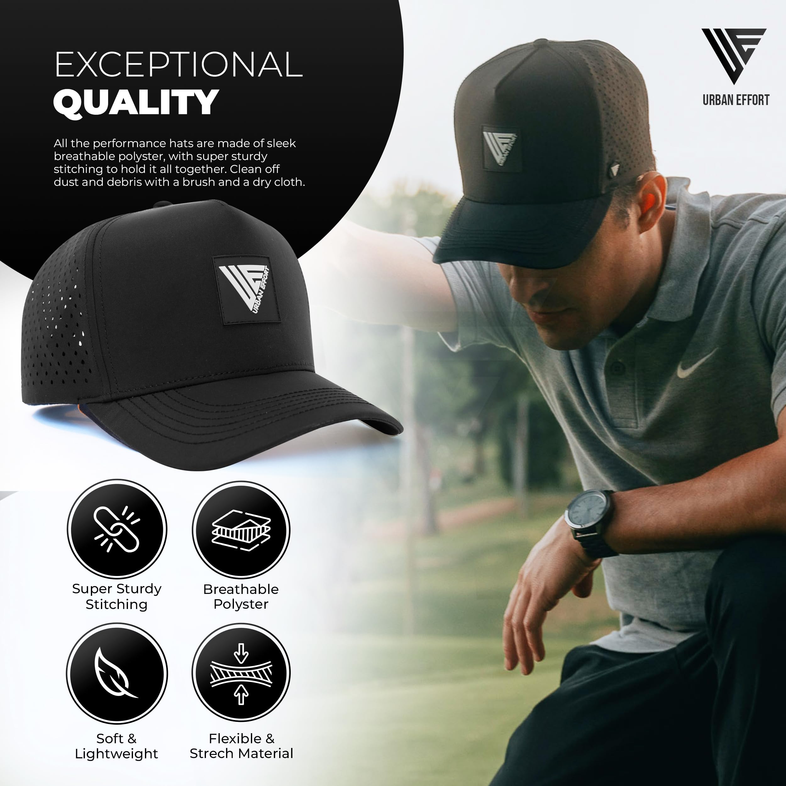 Urban Effort Hydro Performance Hat-Water-Resistant Baseball Cap-Men and Women-Great Snapback for Golf, Adventure,Lake,Workout (Black, Curved Bill)