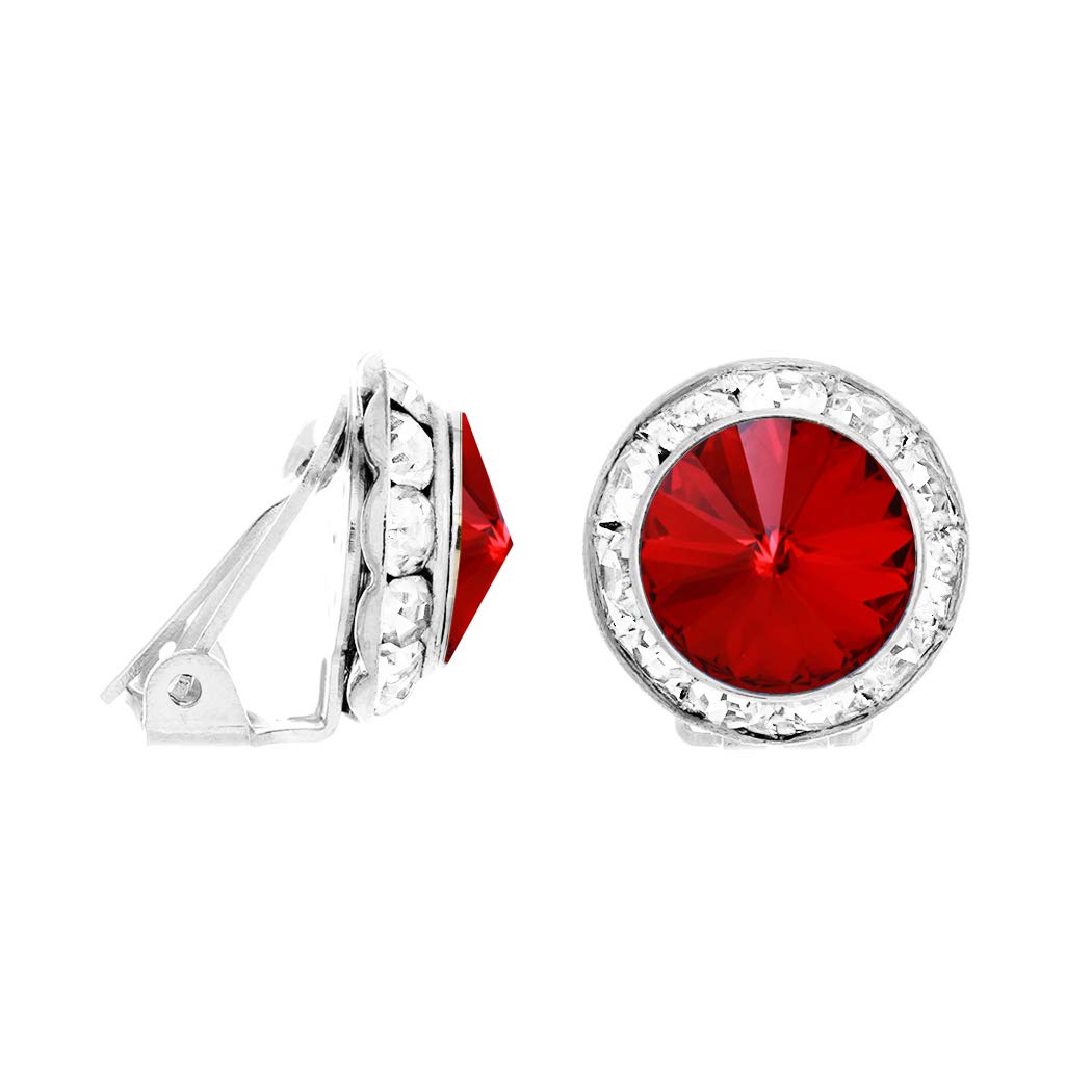 Rosemarie & Jubalee Women's Timeless Classic Statement Clip On Earrings Made With Swarovski Crystals (15mm, Light Siam Red Silver Tone)