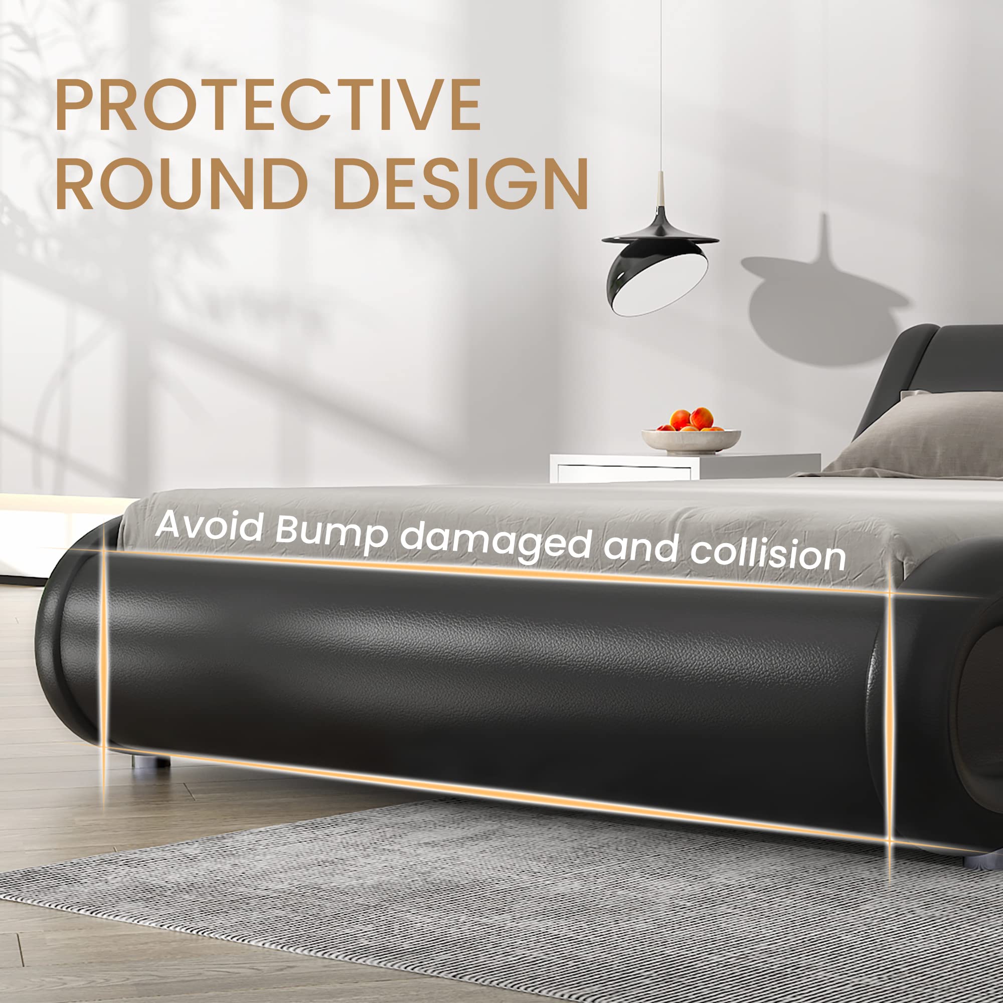 SHA CERLIN King Size Bed Frame Luxury Wave-Like Modern Upholstered Low Profile Platform Bed, Faux Leather Sleigh Bed with Adjustable Headboard, No Box Spring Needed, Black