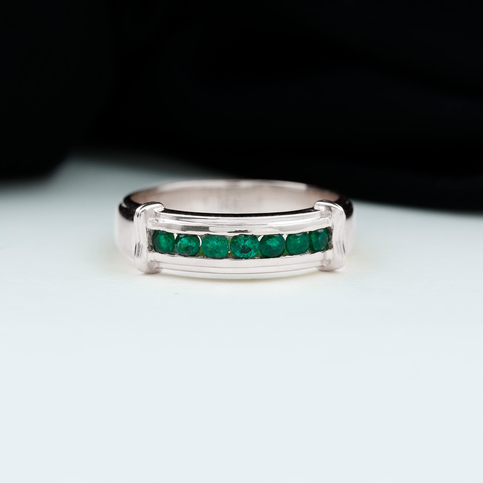 Rosec Jewels Natural Emerald 7 Stone Wedding Band, AAA Quality, Certified Emerald Anniversary Ring - Ready to Gift, 14K White Gold, Size:US 10.00