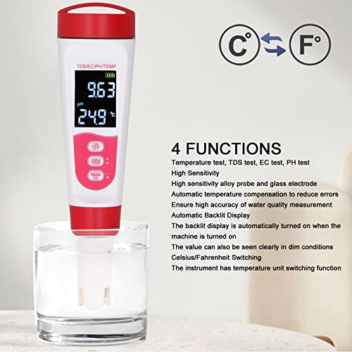 Water Quality Test Pen, High Sensitivity Digital Water Tester Multifunctional Auto Temp Compensation Glass Electrode for Swimming Pool