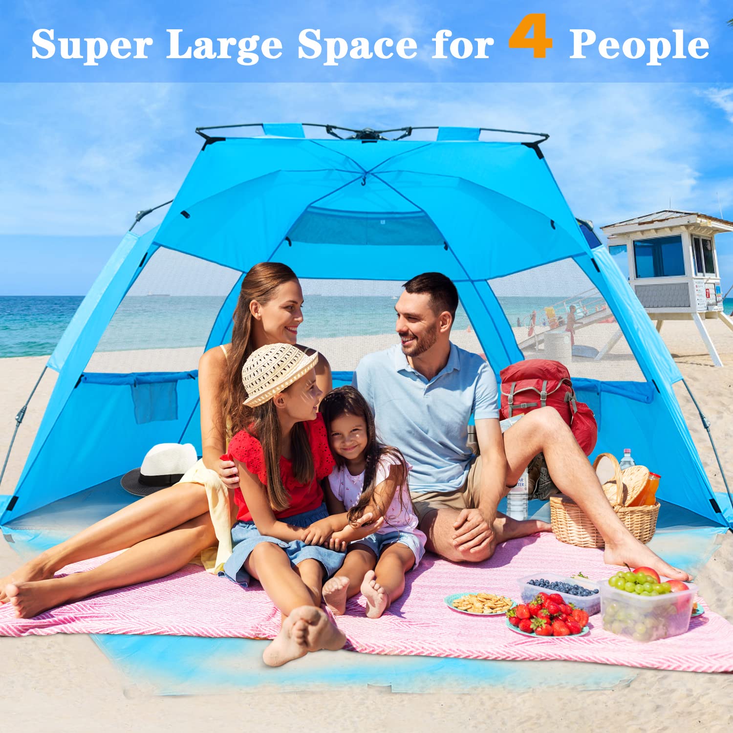 NXONE XL Pop Up Beach Tent, Deluxe Sun Shade Shelter for 4 Person, UPF 50+ Protection, Windproof Beach Shade, Extendable Floor with 3 Ventilating Windows Plus Carrying Bag, Stakes and Guy Lines