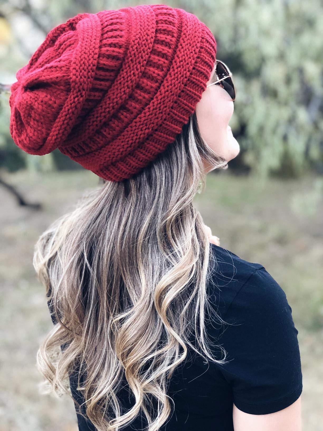 Roniky Winter Knit Beanie Hats for Women, Silk Satin Lined Chunky Cap Soft Stretch Cable Knit Warm Slouchy Beanie Hat Black