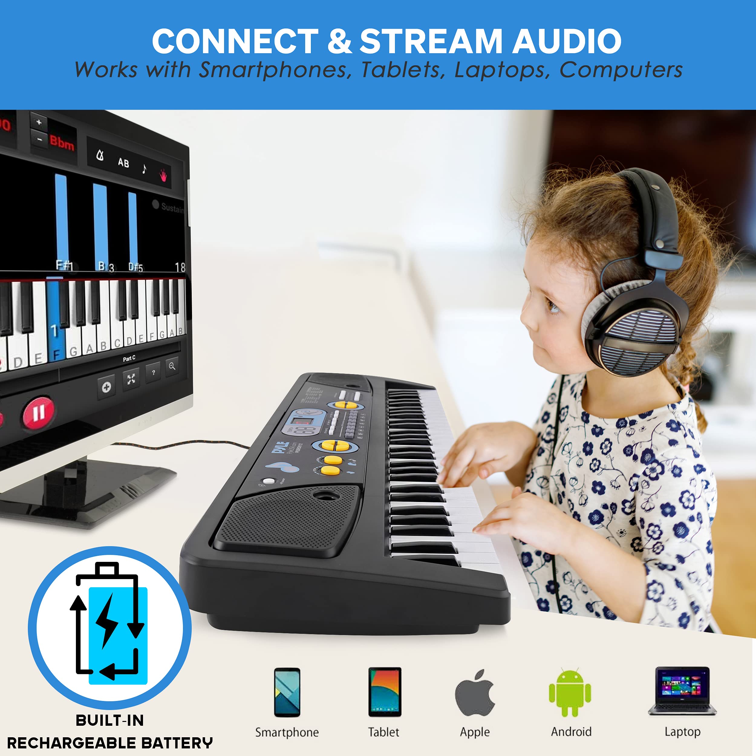 Pyle Electric Keyboard 61 Keys-Portable Digital Musical Karaoke Piano Keyboard-10 Rhythms 16 Tones, Stereo Speakers, Rechargeable Battery-Wired Microphone-Beginners Kids (PKBRD6112)