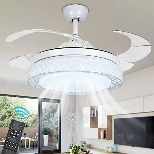 Panghuhu88 42" Invisible Ceiling Fan Chandelier with Light,Modern Crystal Ceiling Fan Light Remote Control 4 Retractable ABS Blades for Bedroom Living Dining Room Decoration