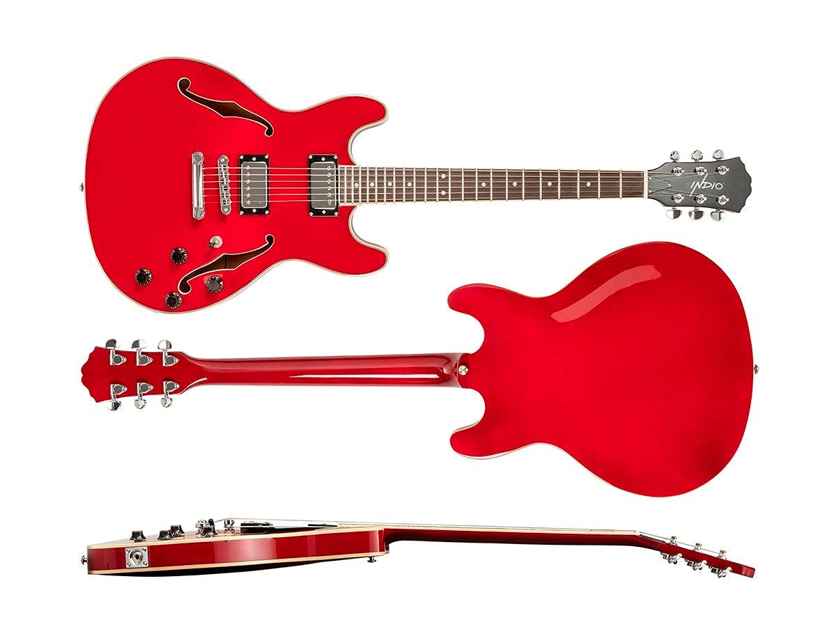 Monoprice Boardwalk Semi Hollow Body Electric Guitar - Right Handed, HH Pickups, Gig Bag, Red - Indio Series