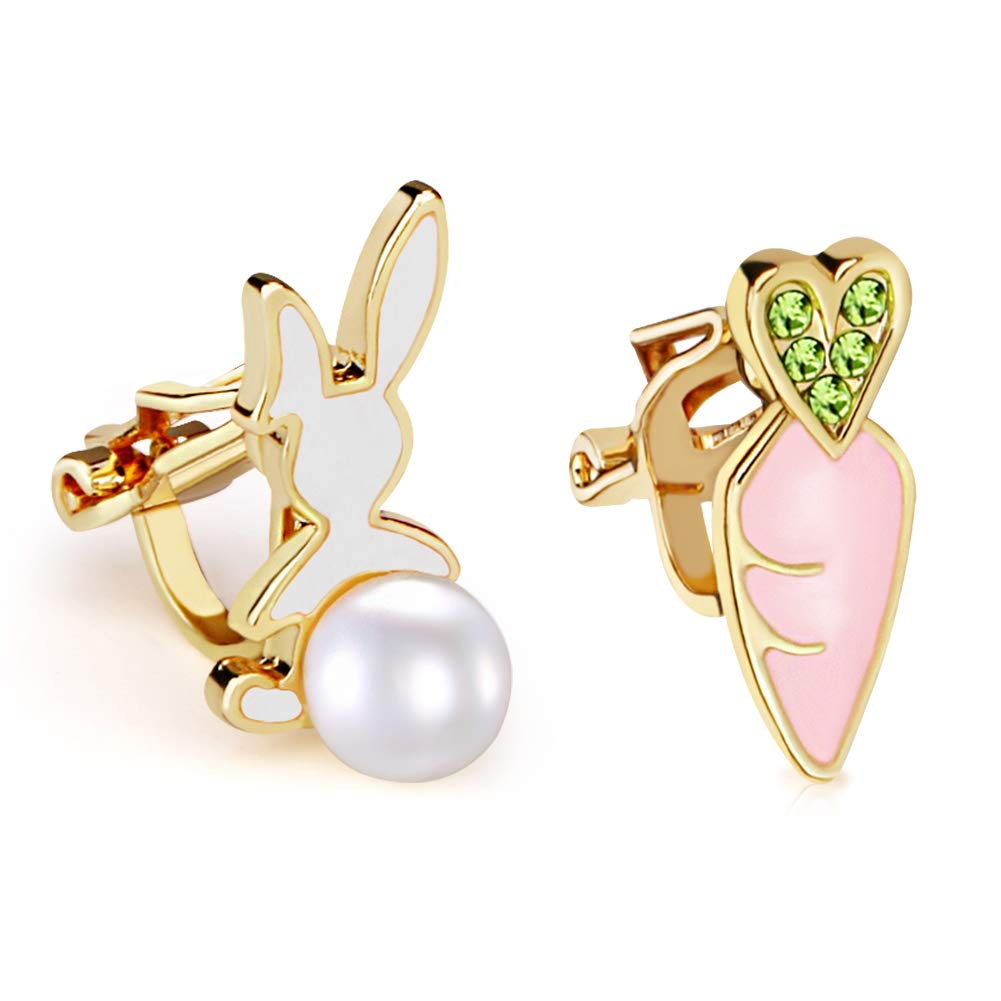 White Rabbit Bunny Carrot Clip On Earrings Crystal Pearl Cute Funny Earring For Women Easter Gifts