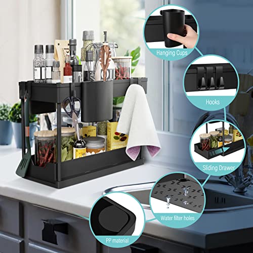 OZD Under Sink Organizer, 2 Tier Bathroom Organizer Under Sink with Sliding Drawer, Under Cabinet Organizer Baskets with Hooks, Hanging Cups, Dividers, Storage Shelf for Bathroom Kitchen