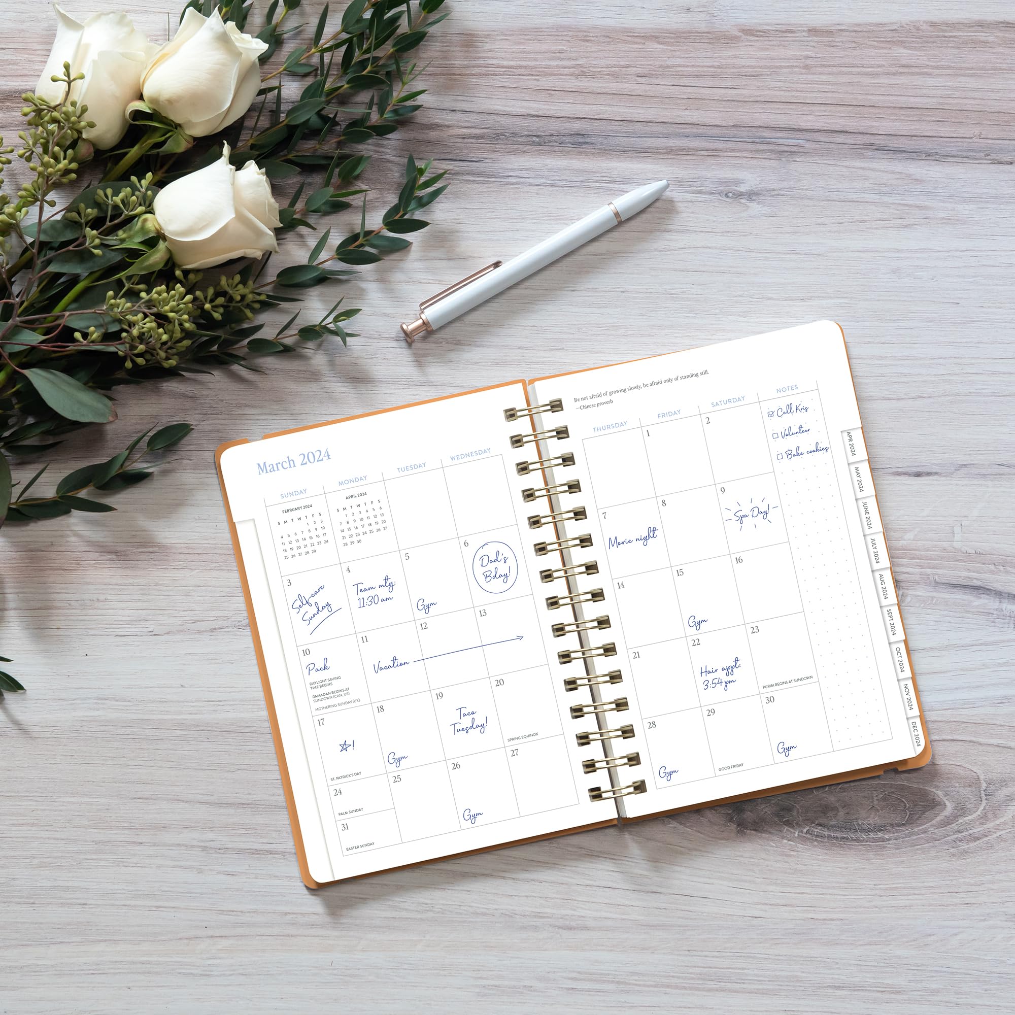 Orange Circle Studio 2024 Self Care Planner, Gratitude Journal, Spiral Notebook with Wellness Tracker, 17-Month Wire-O Bound Calendar Book, Monthly and Weekly Spread Views, Floral Flow