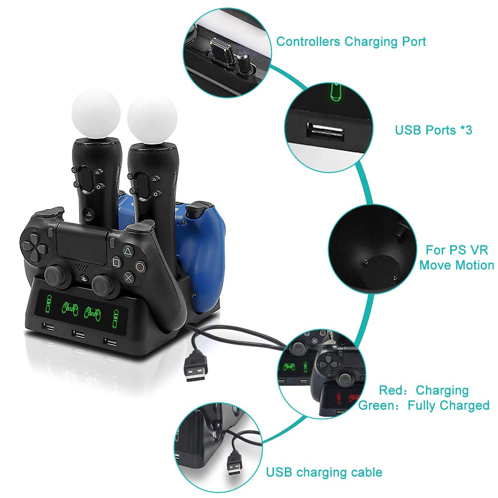 PS4 VR Charging Station, Tohilkel Move Controller Charger Station for PS4/PS4 Slim/PS VR Move Motion, Black