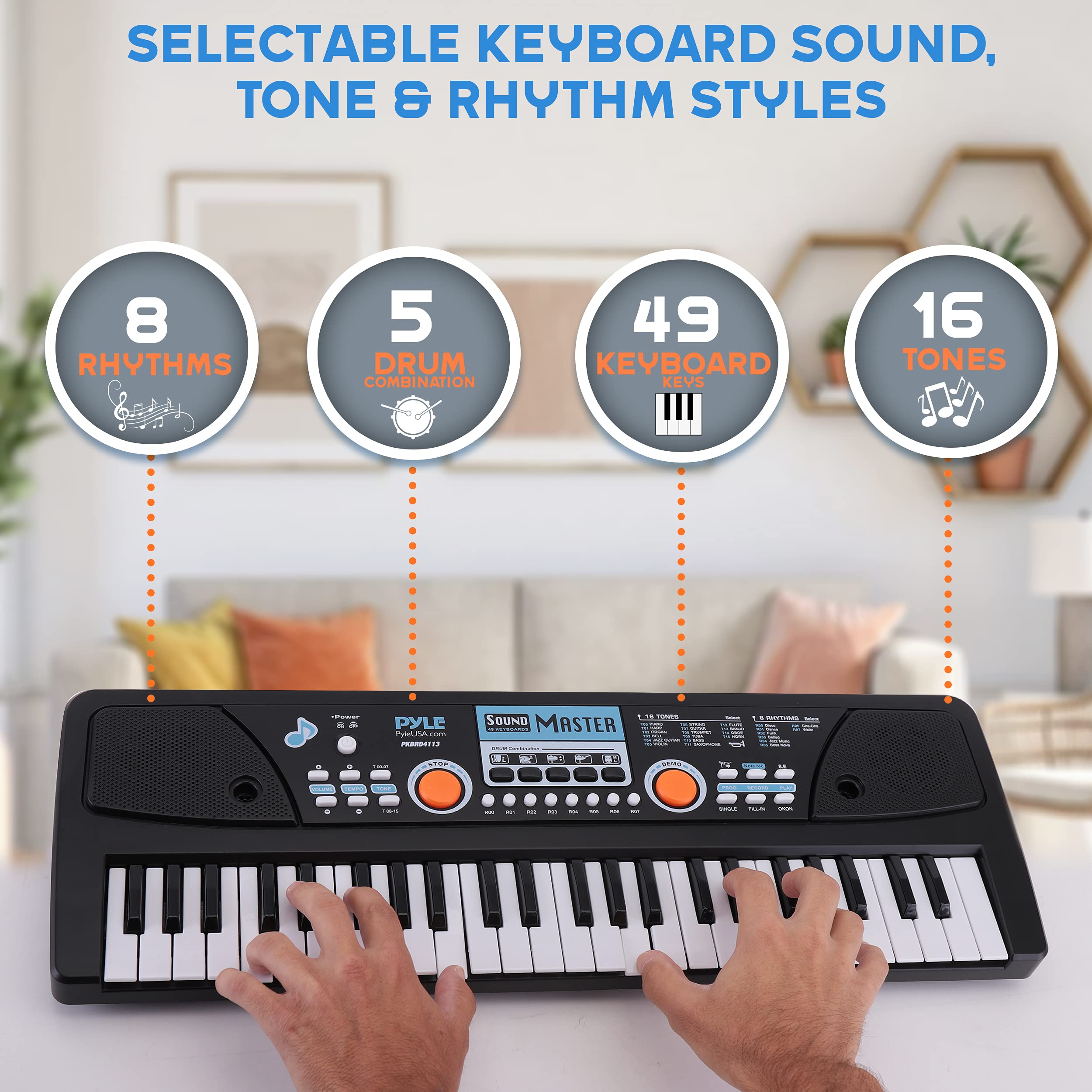 Pyle, Electric 49 Keys-Portable Digital Musical Karaoke Piano Keyboard-8 Rhythms 16 Tones, Stereo Speakers, Rechargeable Battery-Wired Microphone-Beginners Kids PKBRD4113 Black, Compact