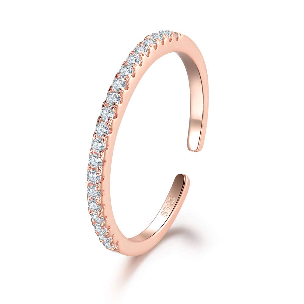 MASOP 2mm 14K Rose Gold Plated Sterling Silver Cubic Zirconia Adjustable Ring Half Eternity Stackable Open Rings Engagement Wedding Bands for Women