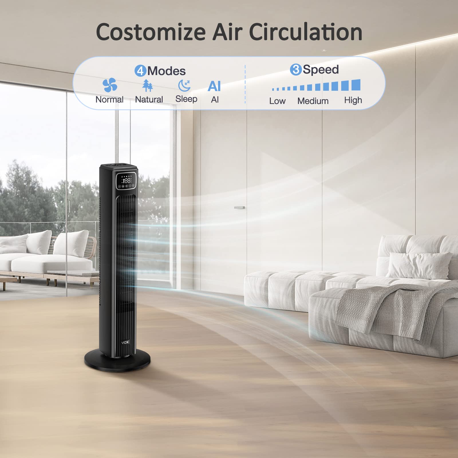 VCK 36-Inch Tower Fan, 80° Oscillating Fans with Remote | 3 Speeds, 4 Modes | Standing Bladeless Floor Fan LED Display with Auto-Off | 12H Timer | Quiet Cooling Fan for Bedroom Home Office