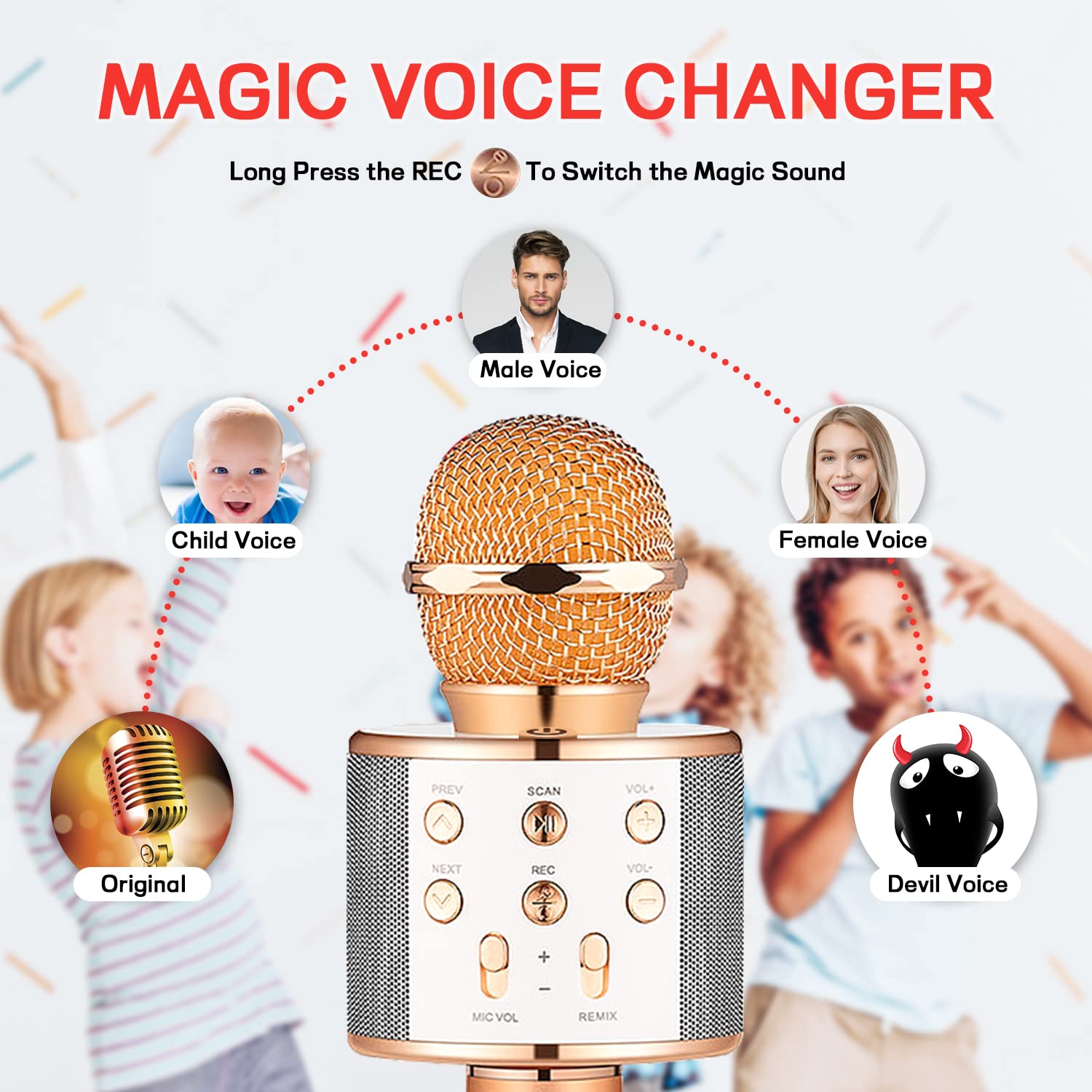 SJPRO 4 in 1 Portable Karaoke Microphone for Kids, Handheld Home Party Microphone with Magic Voice, Best Birthday for Kids, Suitable Android/iPhone PC and All Smartphone(Rose Gold)