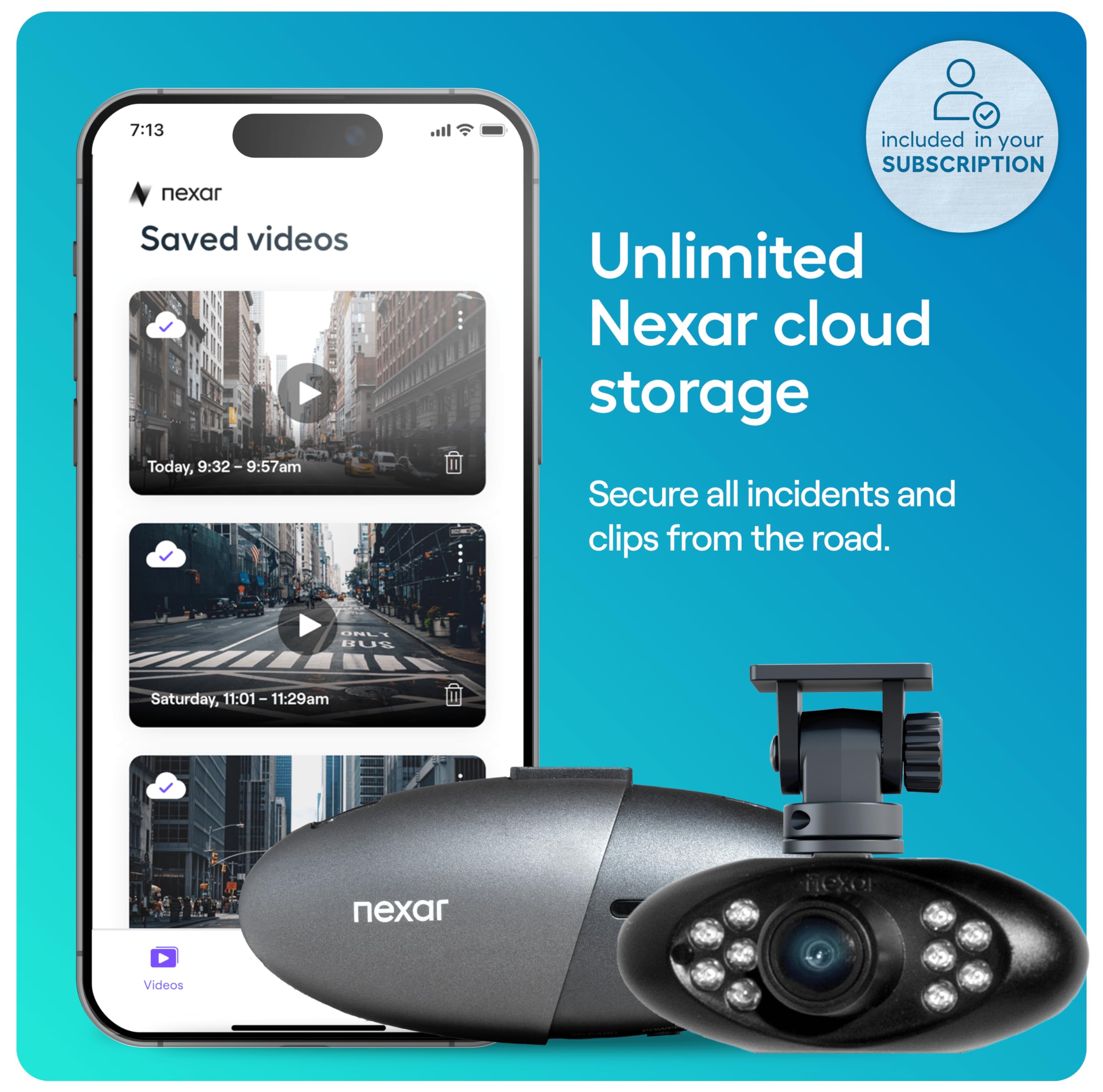 Nexar Pro Dual Dash Cam - 1 Year Nexar App Subscription Included - Unlimited Cloud Storage, Drive Recordings, Parking Mode, Night Vision, All Inside The Nexar App - WiFi HD Front Dash Cam (32 GB SD)