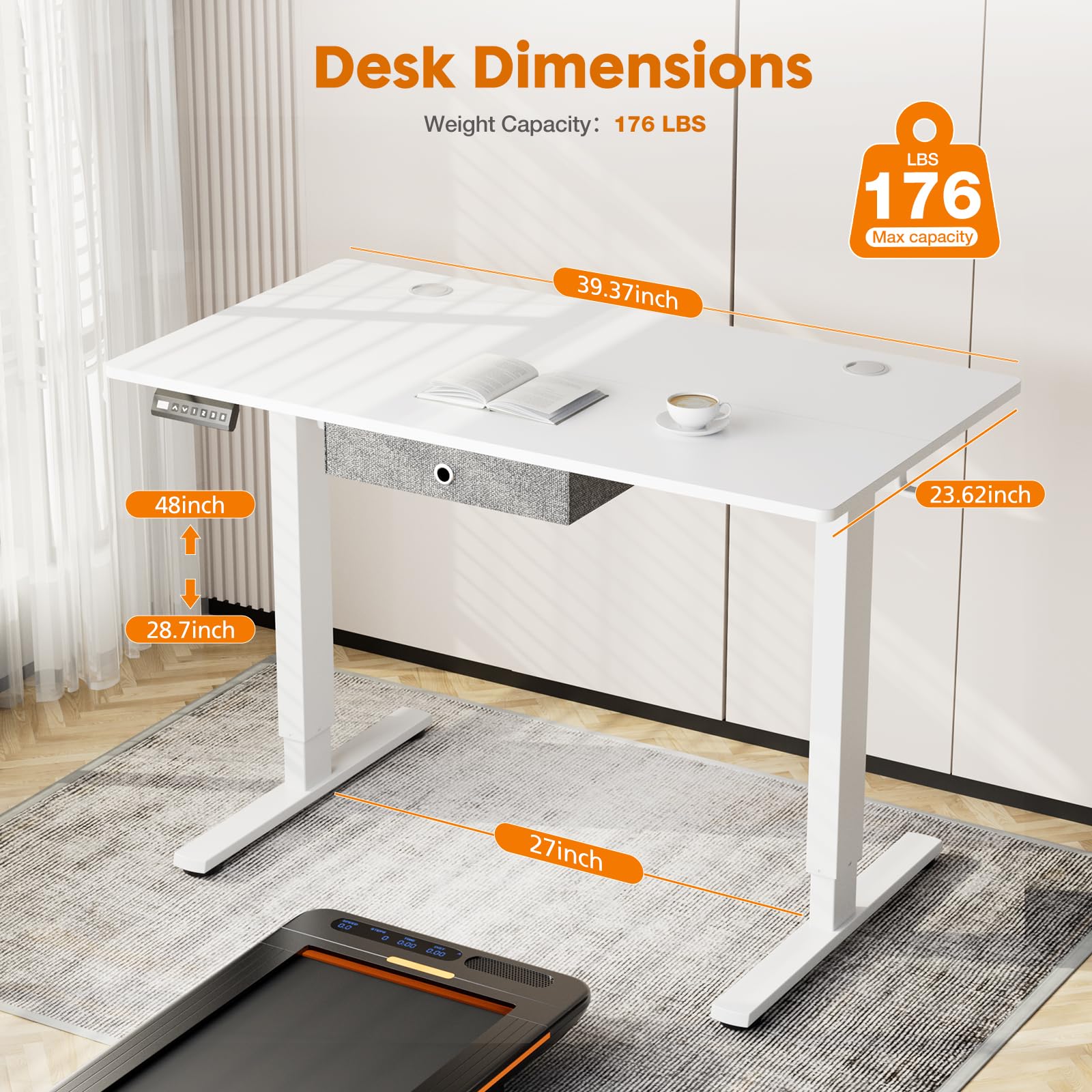 NEWBULIG Electric Height Adjustable Sit Stand Home Office Computer Desks with Drawer, 40 Inch, White Top and Frame
