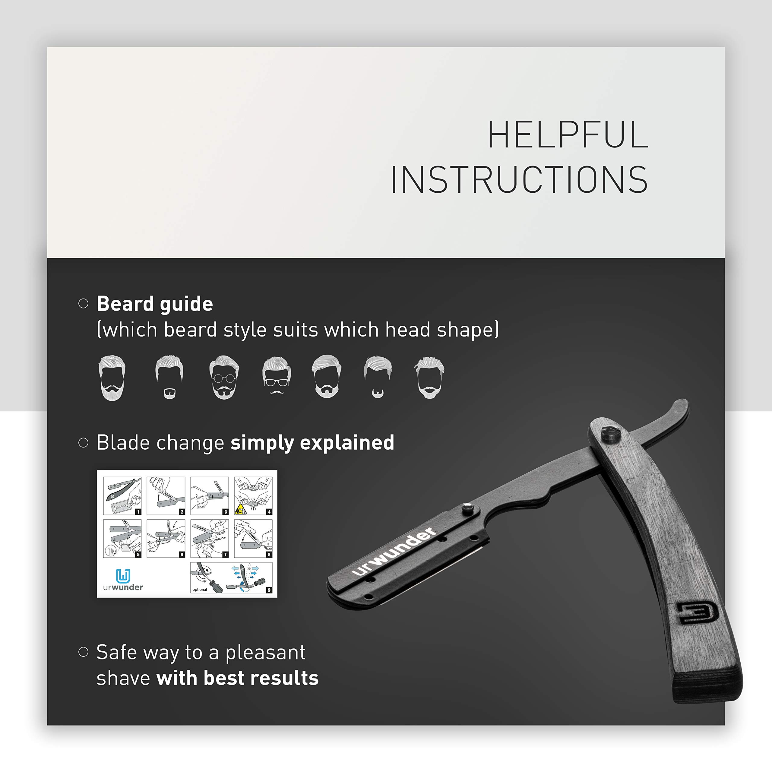 Precise German Straight Razor - urwunder - Beardo - Genuine Leather Case - Simple Manuals - 4-Pin Blade Holder [Black Arm/Black Wood]